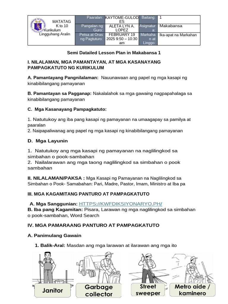 Semi Datailed Lesson Plan in Makabansa 1 4th Quarter Week 2 Day 3 | PDF