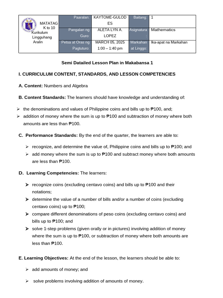 Semi Datailed Lesson Plan in Math 1 Week 4 Day 3 | PDF | Mathematics | Learning