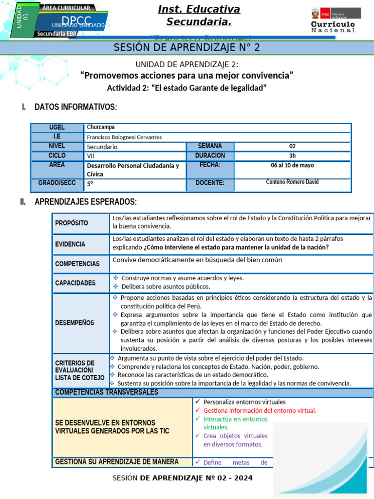 5º DPCC Ses 2 Uni 2 Sem 02 - 2024 | PDF | Aprendizaje | Maestros