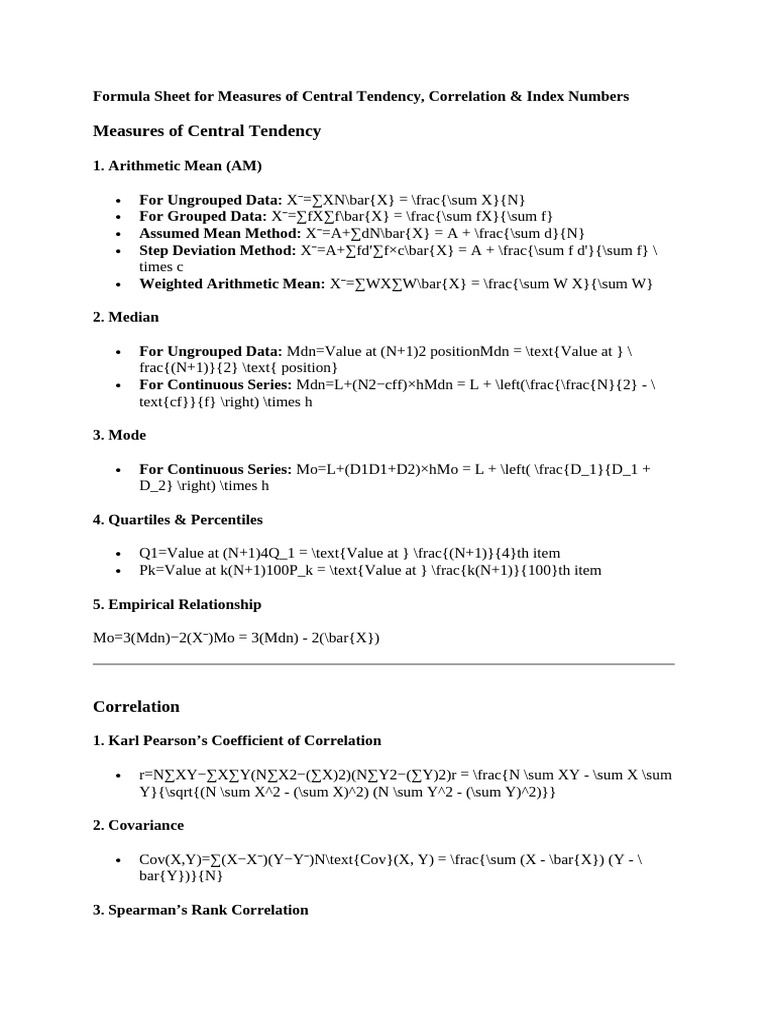 Formula Sheet For Measures of Central Tendency | PDF | Mean | Consumer ...