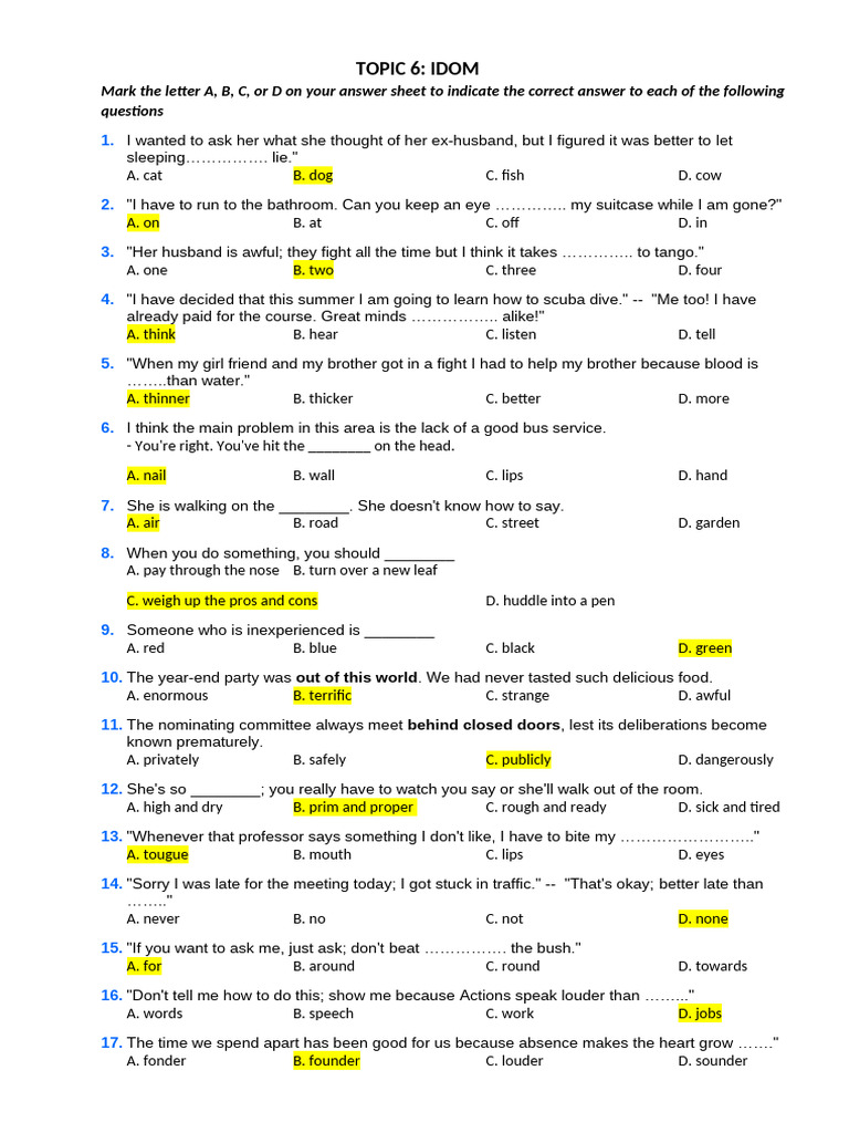 English Idioms Multiple Choice Quiz | PDF