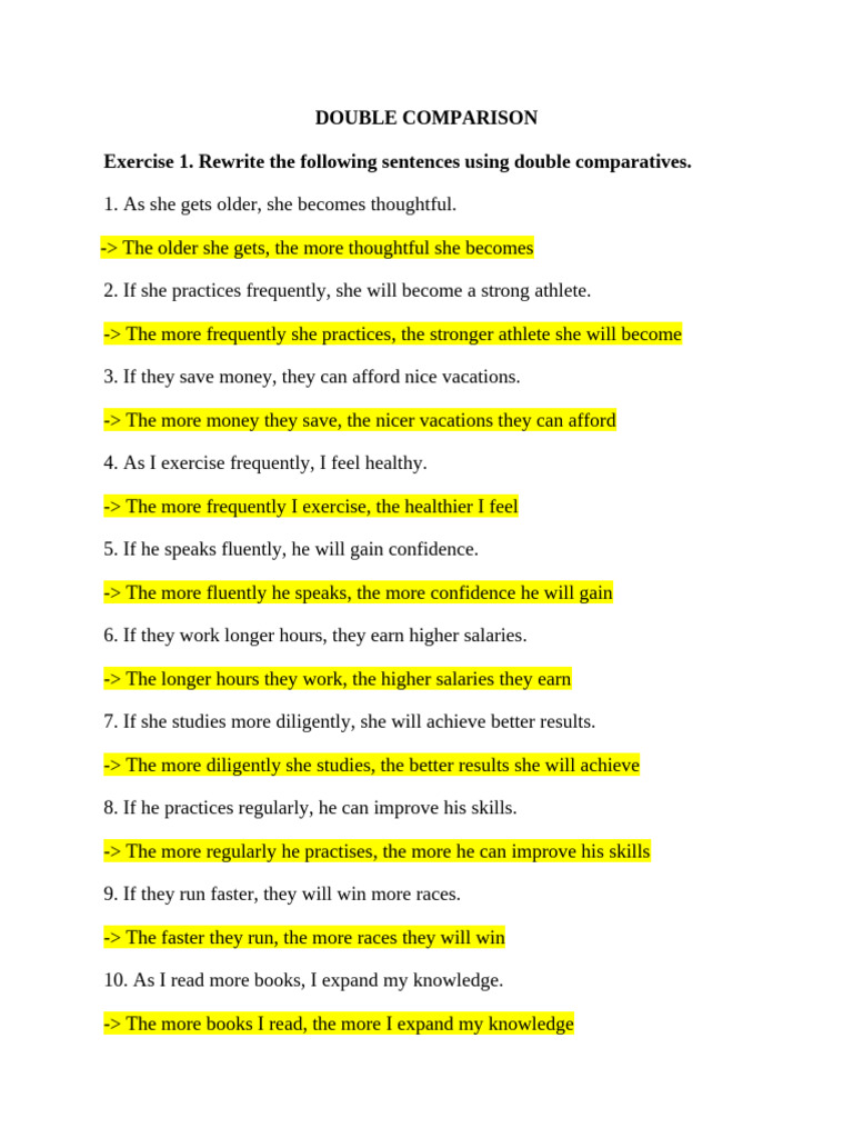 Exercise About Double Comparison | PDF | Physical Fitness | Cognition