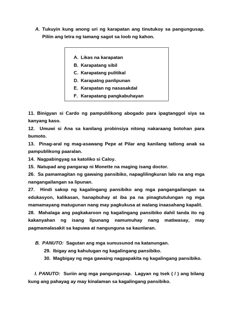 Tukuyin Kung Anong Uri NG Karapatan Ang Tinutukoy Sa Pangungusap | PDF