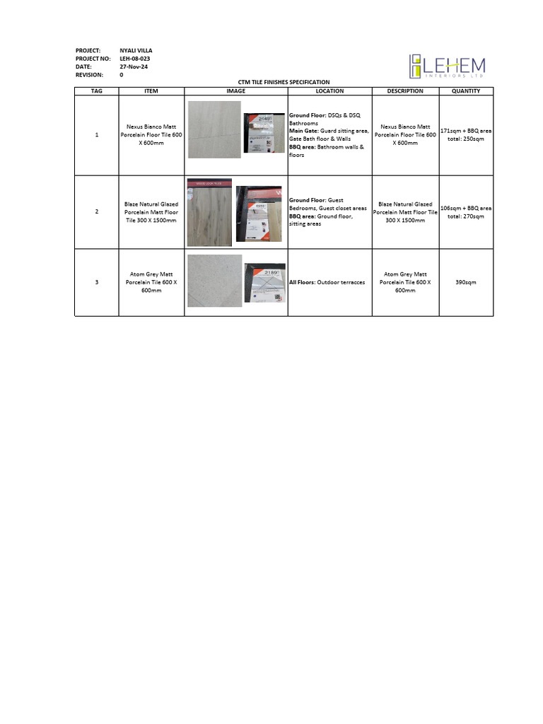 Nyali Villa Additional Tile List - CTM | PDF