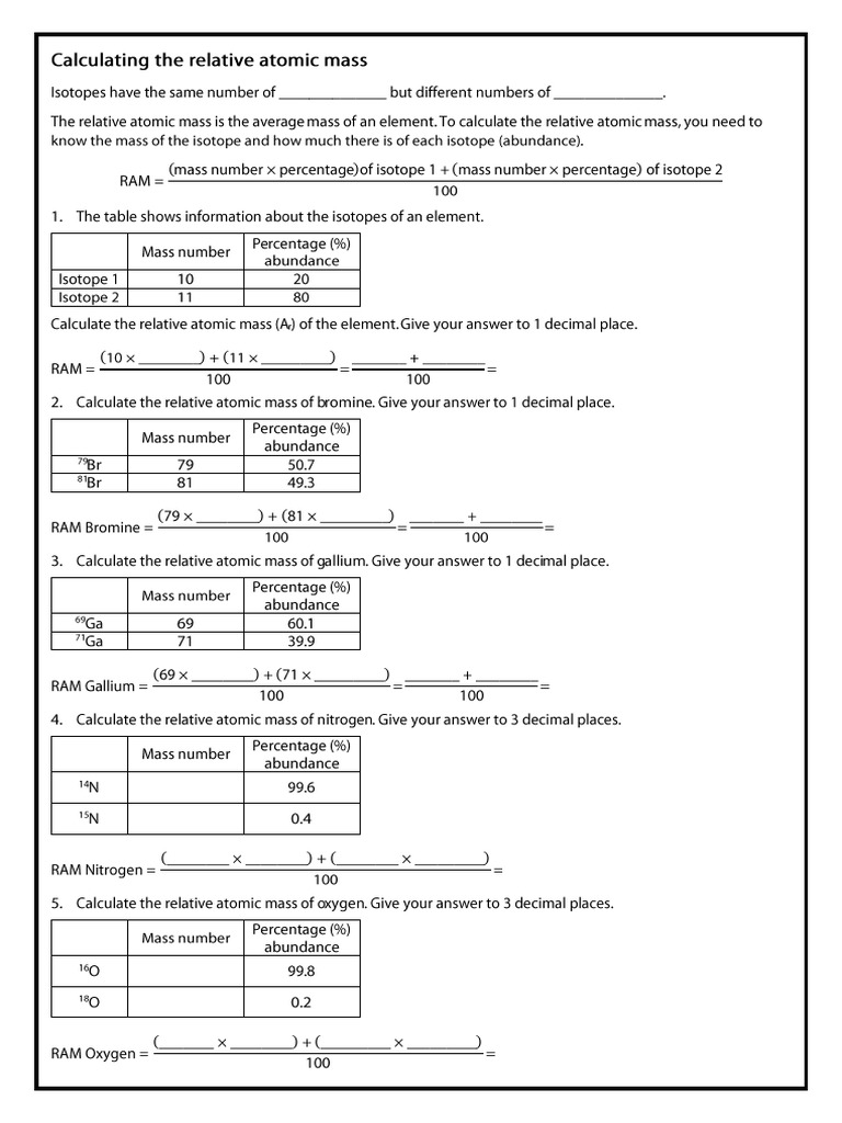 Worksheet Relative Atomic Mass | PDF