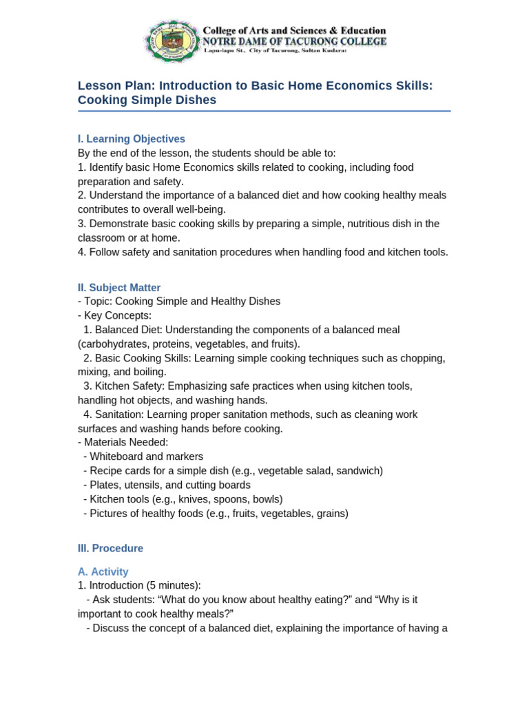 Basic Cooking Skills for Home Economics | PDF | Meal | Cooking