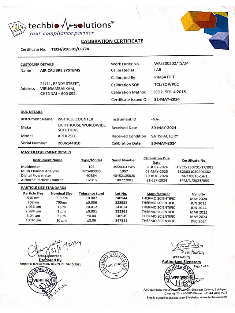 Apexz50 (100L) Cal Certificate | PDF