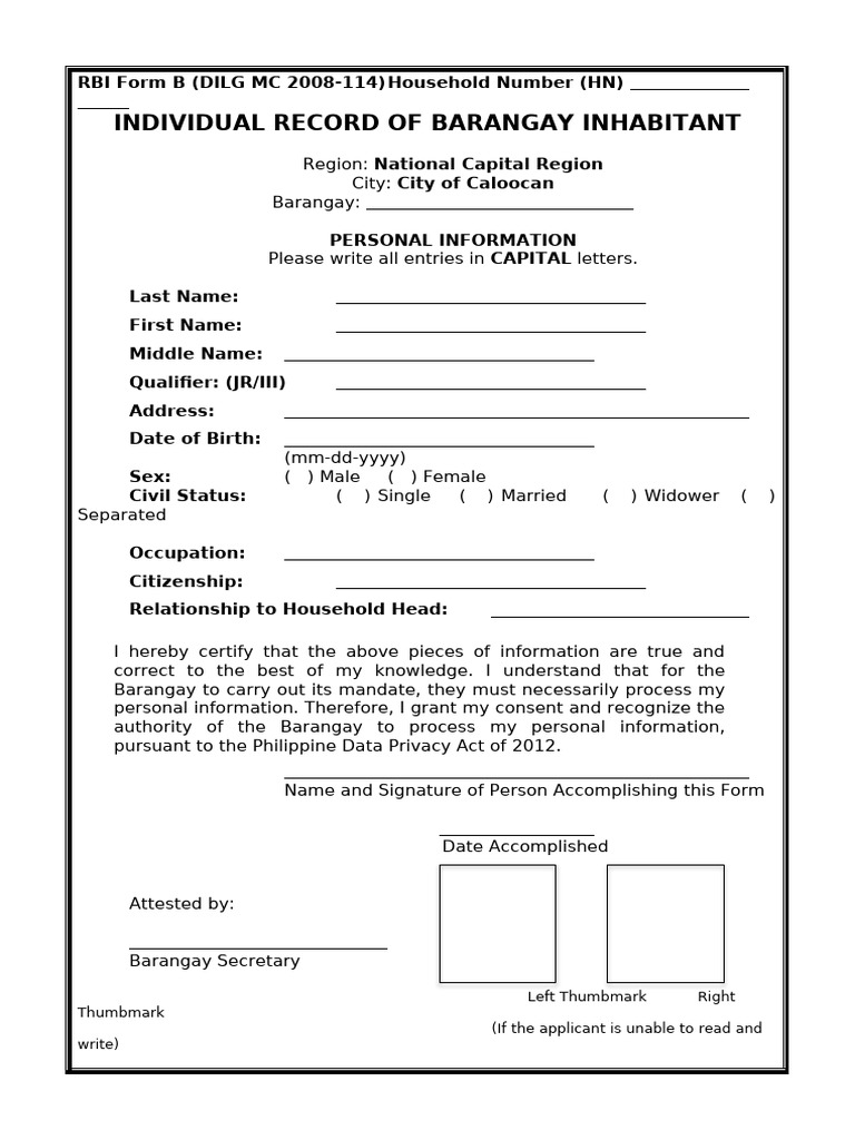 RBI Form B Individual Record of Inhabitant | PDF