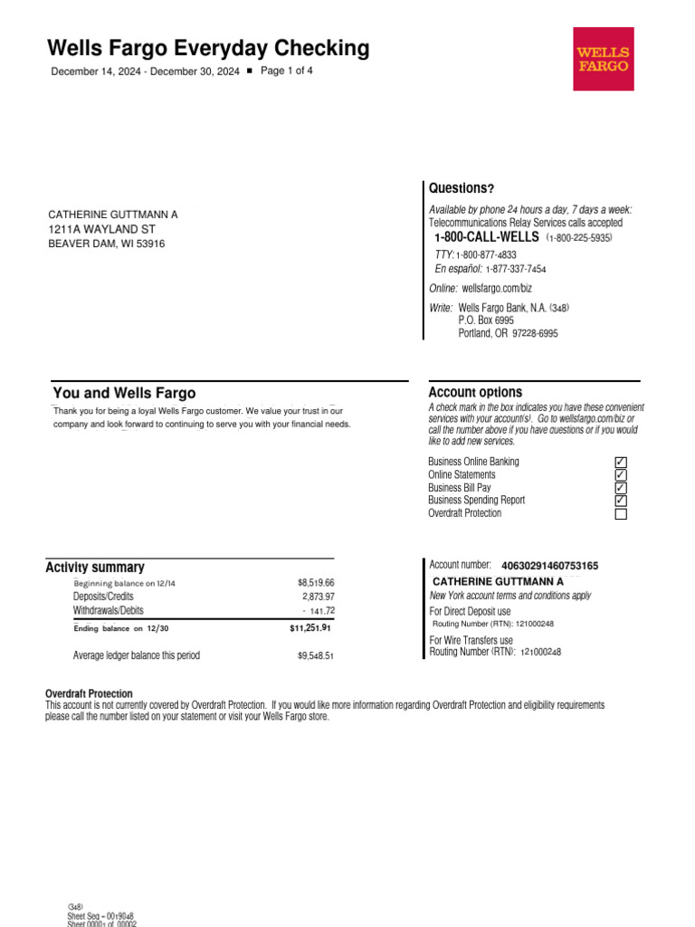 40630291460______-Wells-Fargo-Statement-12-24 | PDF | Overdraft | Financial Services