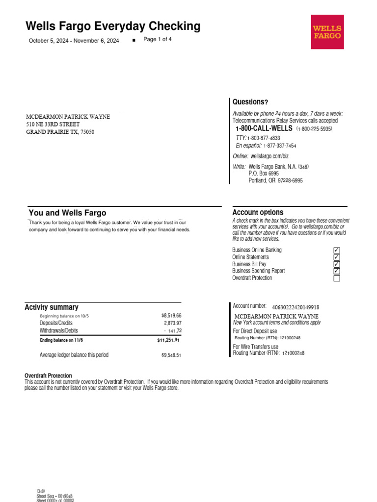 40630222420149918-Wells-Fargo-Bank-Statement-OCT-NOV__ | PDF | Overdraft | Fee