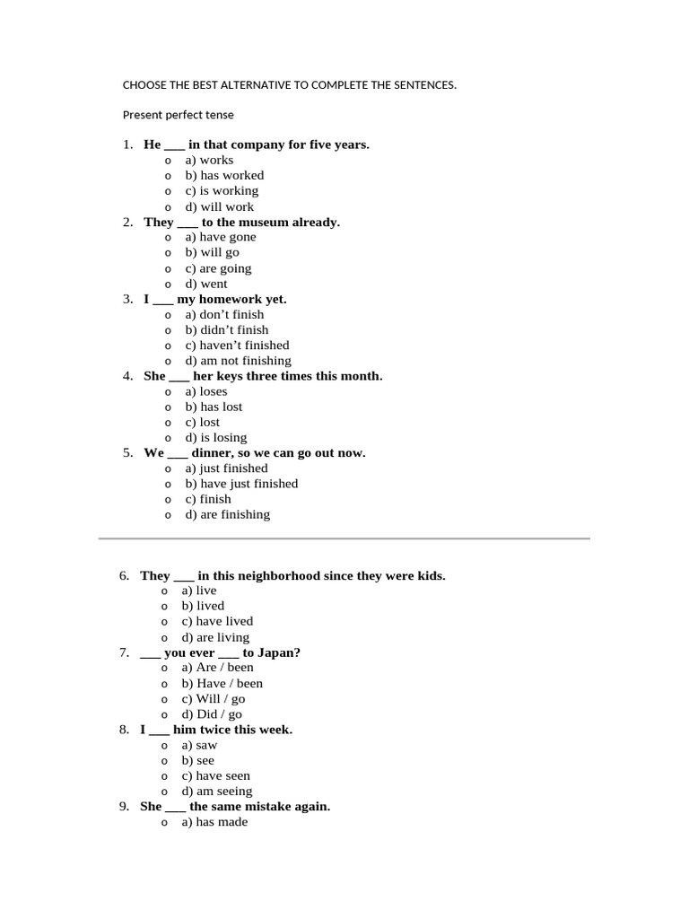Sentence Completion Practice: Present Perfect | PDF