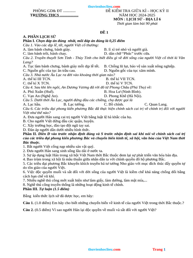 De Kiem Tra Giua HK2 Lich Su 6 Canh Dieu Nam 24 25 | PDF
