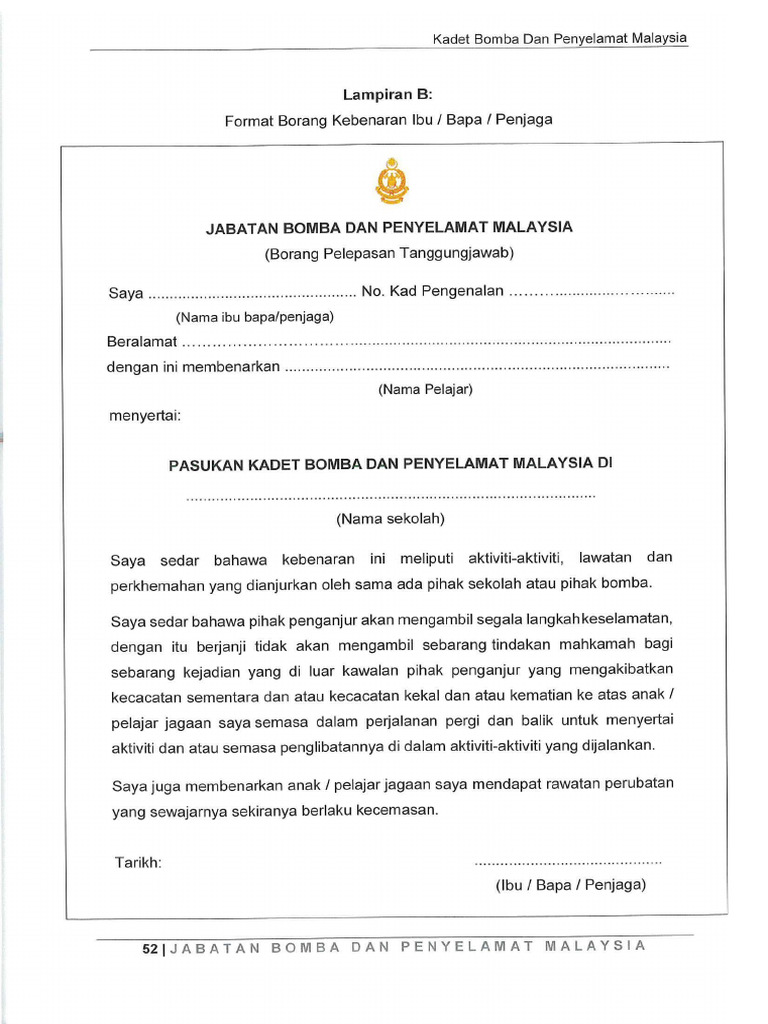 Borang Pelepasan Tanggungjawab Kadet Bomba | PDF