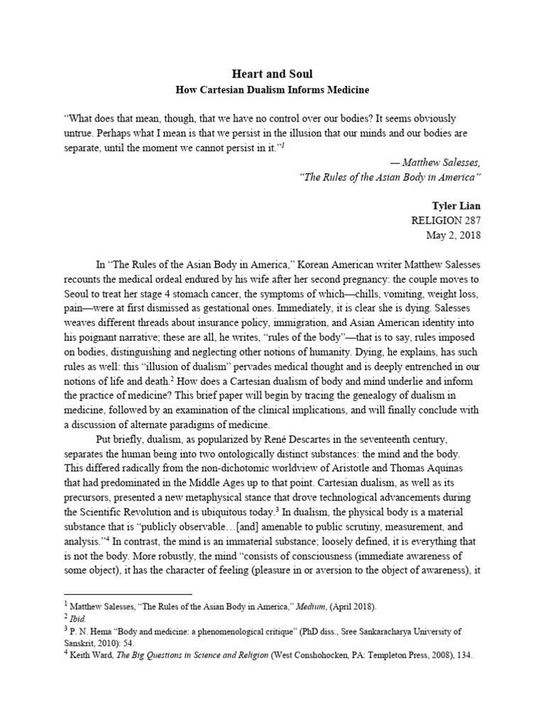 Cartesian-Dualism-in-Medicine-Tyler-Lian | PDF | Mind | Consciousness