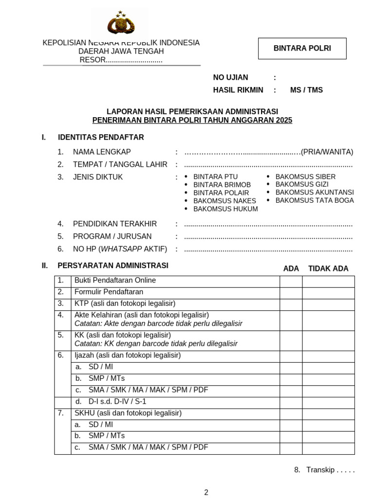 Format Blangko Peserta Rikmin Bintara | PDF