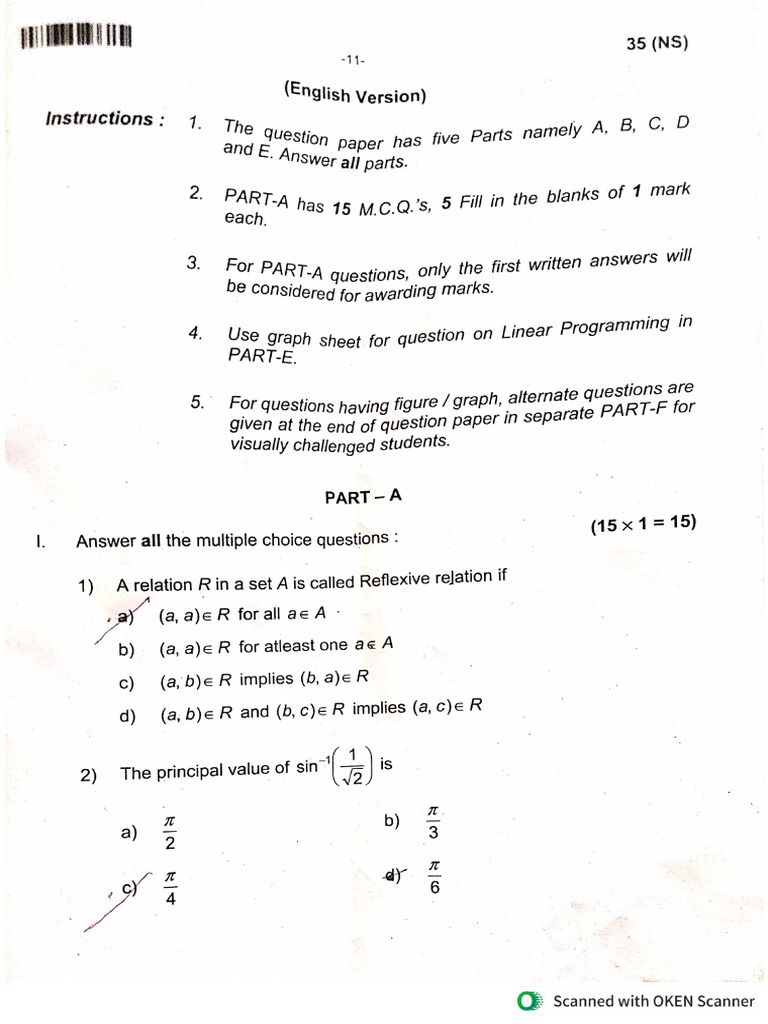 Maths Answer Key For MCQ and FB Questions | PDF