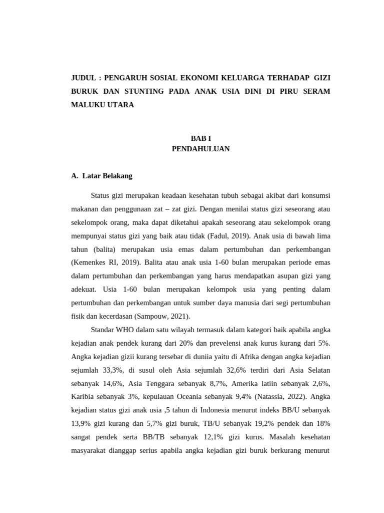 Pengaruh Sosial Ekonomi Keluarga Terhadap Gizi Buruk Dan Stunting Pada Anak Usia Dini (12 - 01 ...