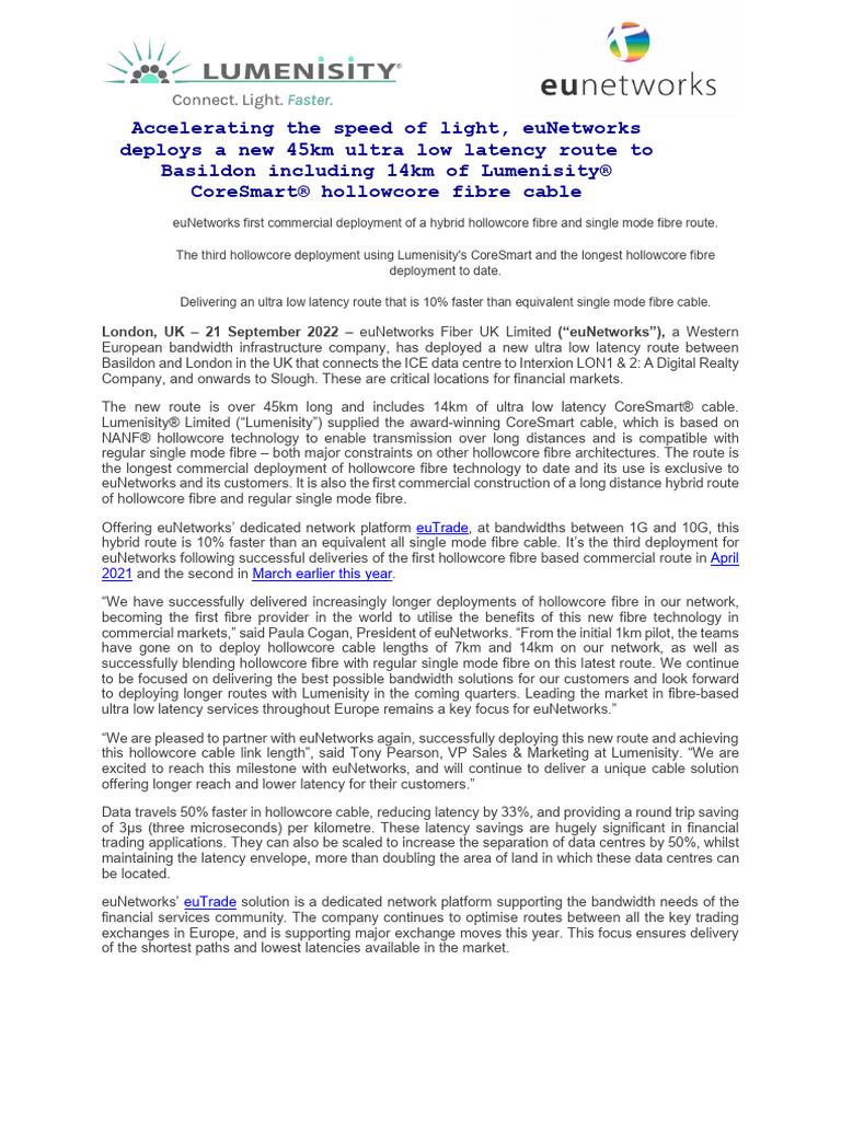 Accelerating The Speed of Light Eunetworks Deploys A New 45km Ultra Low ...