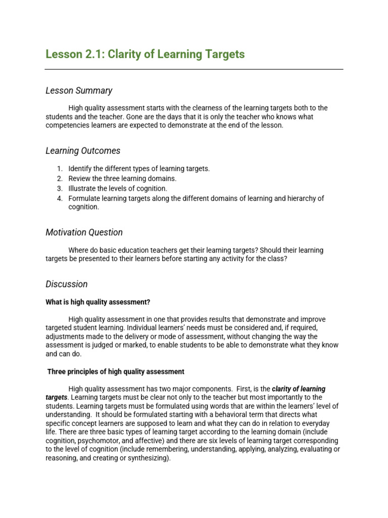 Lesson 2.1 Clarity of Learning Targets | PDF | Learning | Affect (Psychology)