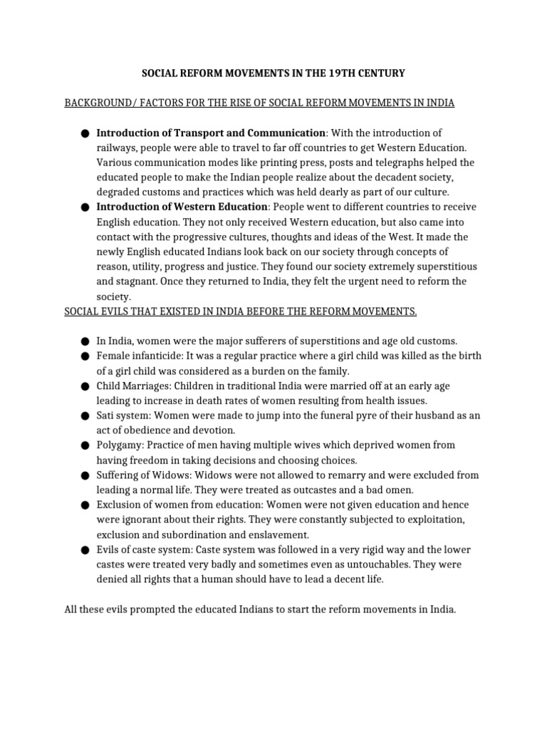 Social Reform Movements in The 19TH Century | PDF