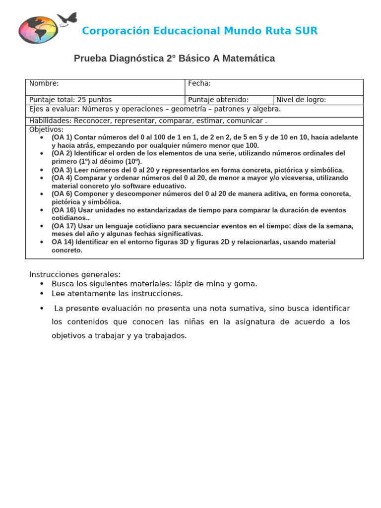 Evaluación Diagnóstica Matemáticas 2do Basico | PDF