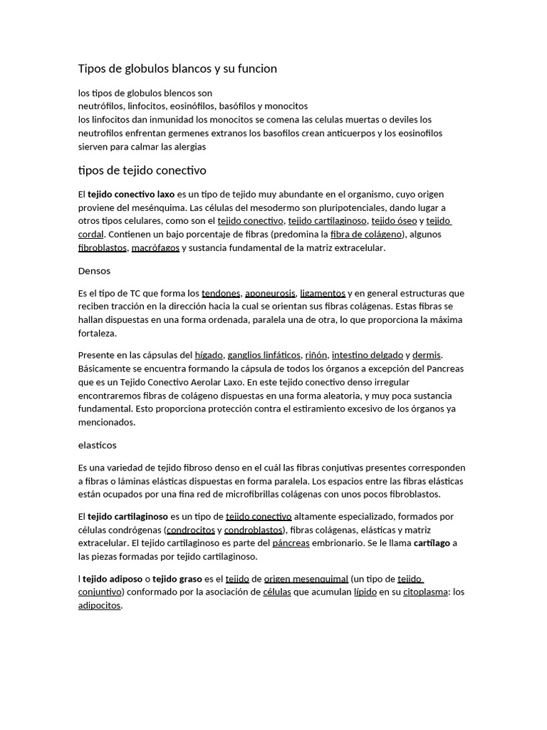 Tipos de globulos blancos y su funcion | PDF | Tejido conectivo | gordo