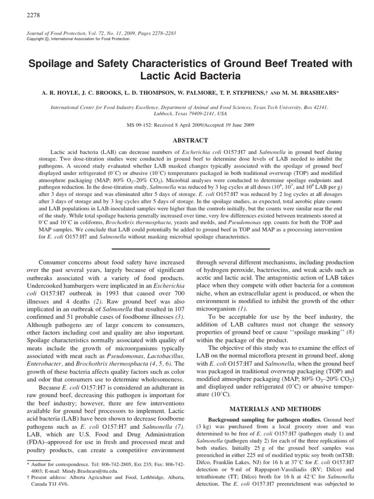 Hoyle. 2009. Spoilage, Safety, Ground Beef, Lactic Acid Bacteria | PDF ...