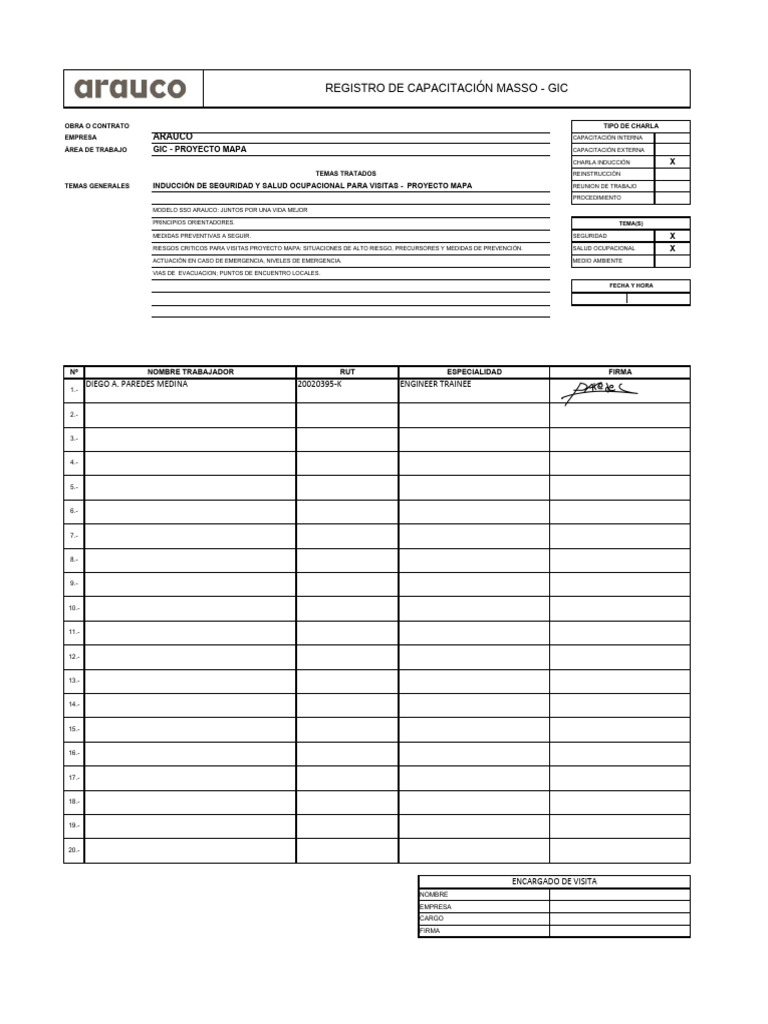 Registro inducción SSO MAPA visita | PDF