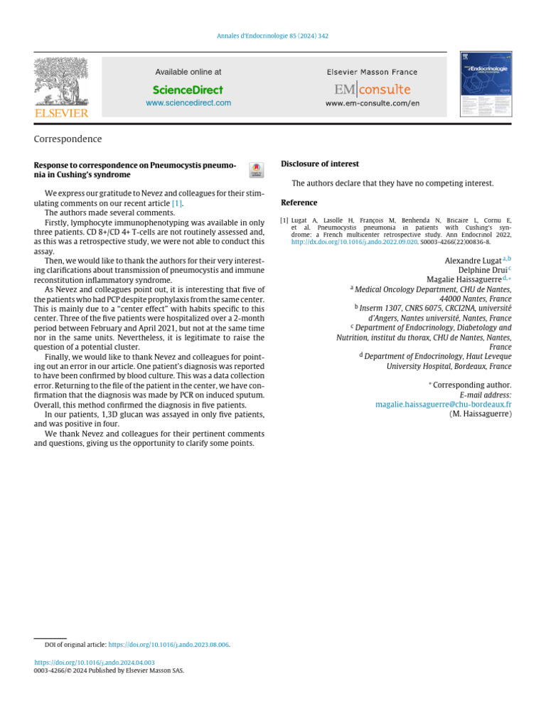 Response To Correspondence On Pneumocystis Pneumonia in Cushing's ...