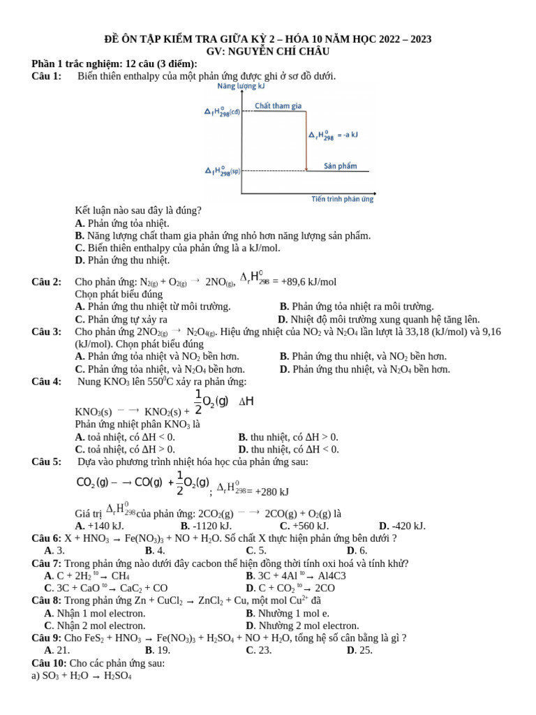 721117180 ĐỀ ON GIỮA KI 2 HOA 10 | PDF