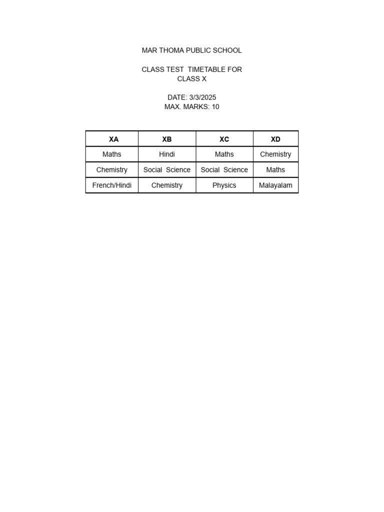 X Class Test Timetable | PDF