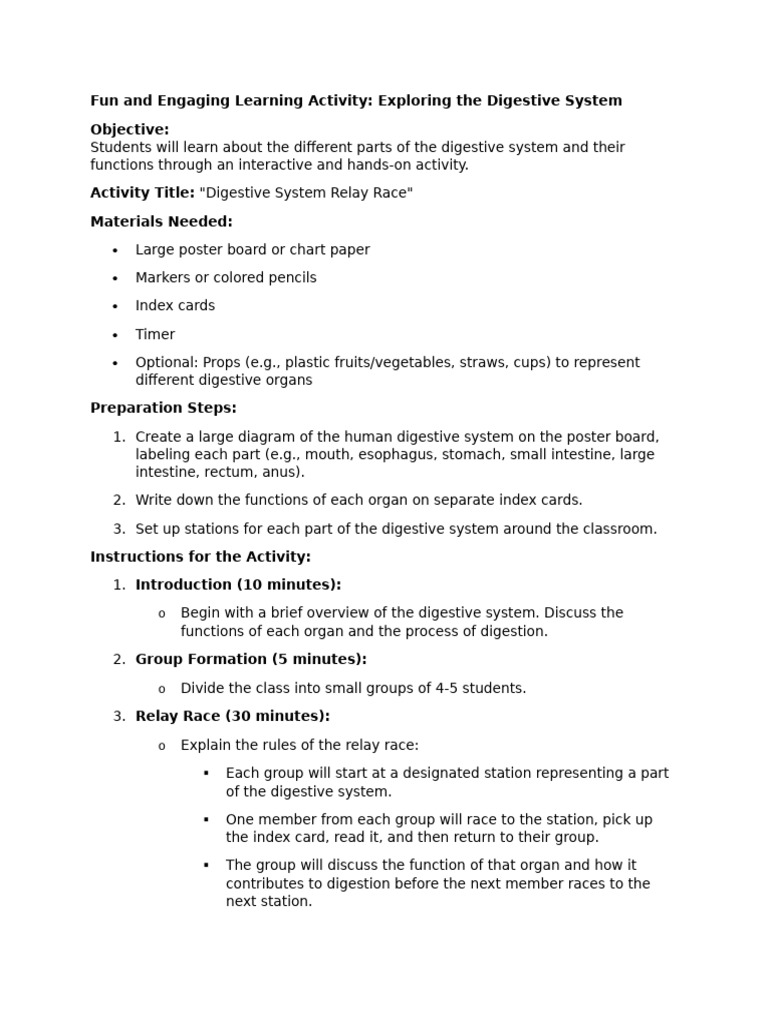 Digestive System Relay Race Activity | PDF | Digestion | Digestive System