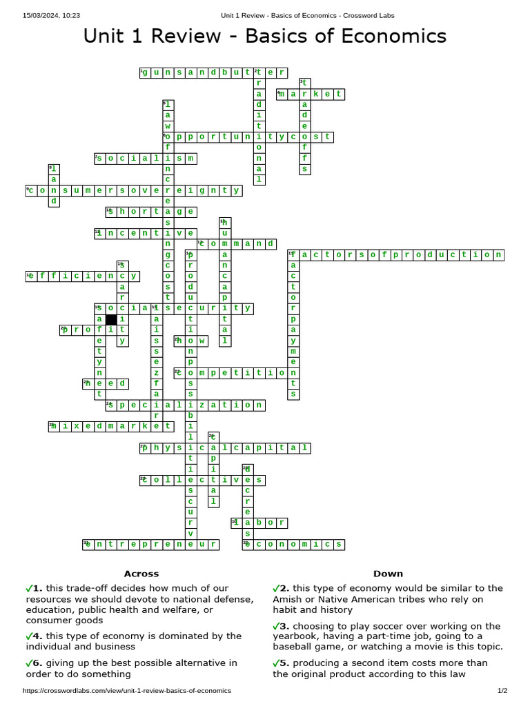 Unit 1 Review - Basics of Economics - Crossword Labs | PDF | Economies ...