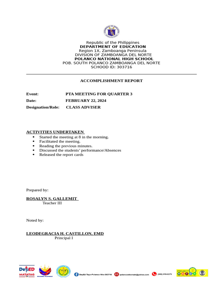 PTA Accomplishment Report 2022 | PDF