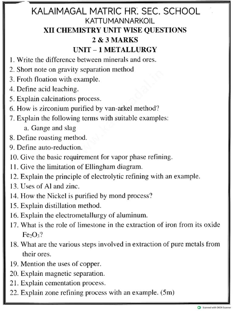 12th Chemistry 2 & 3 Marks Unit Wise Questions | PDF
