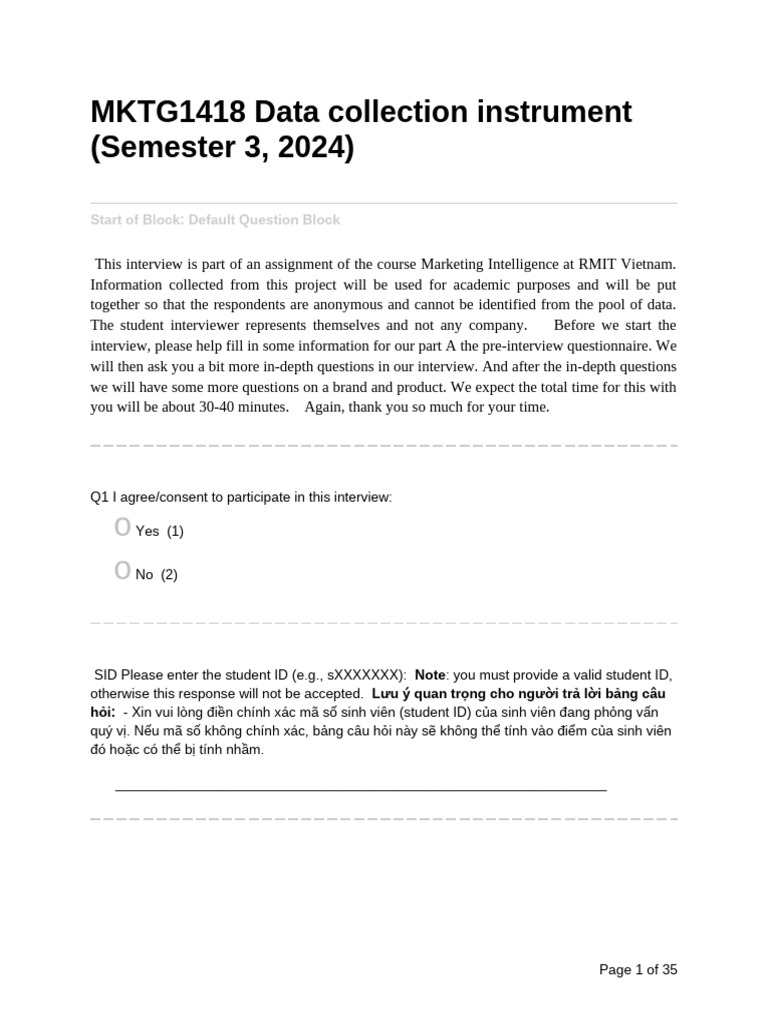 MKTG1418 Data Collection Instrument Semester 3 2024 | PDF | Brand