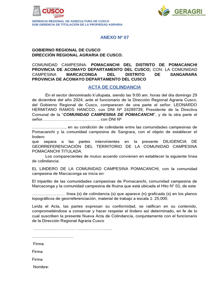 Acta de Colindancia Pomacanchi-Marcaconga | PDF