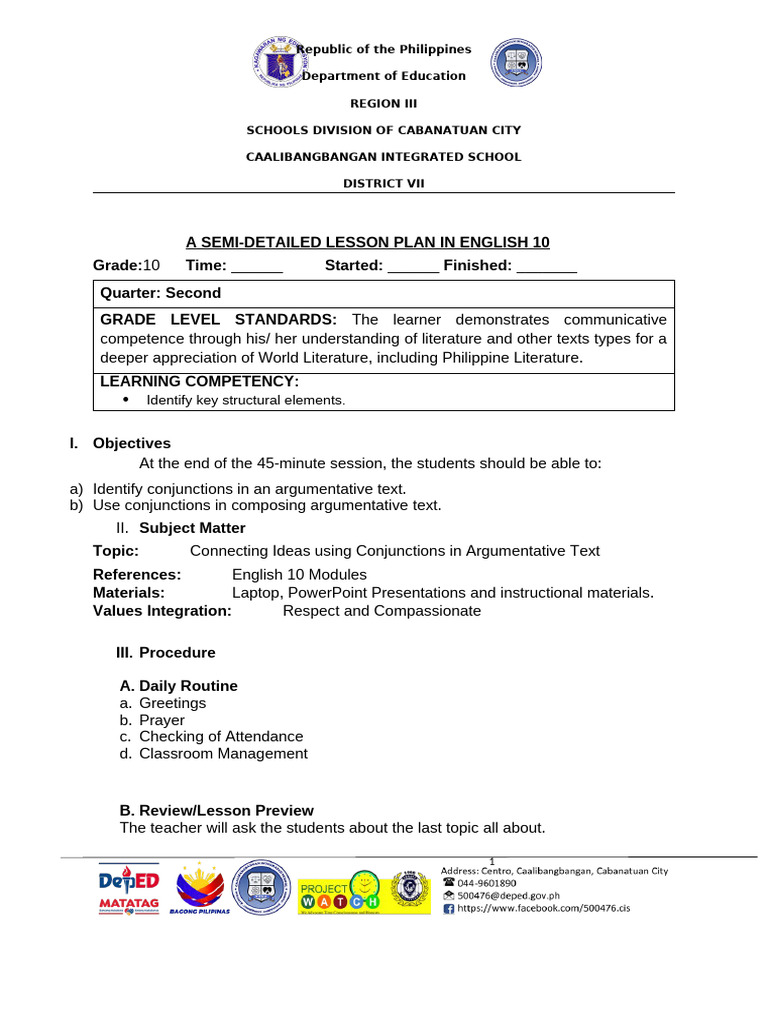 Semi-Detailed Lesson Plan: Conjunctions | PDF | Grammar | Language ...