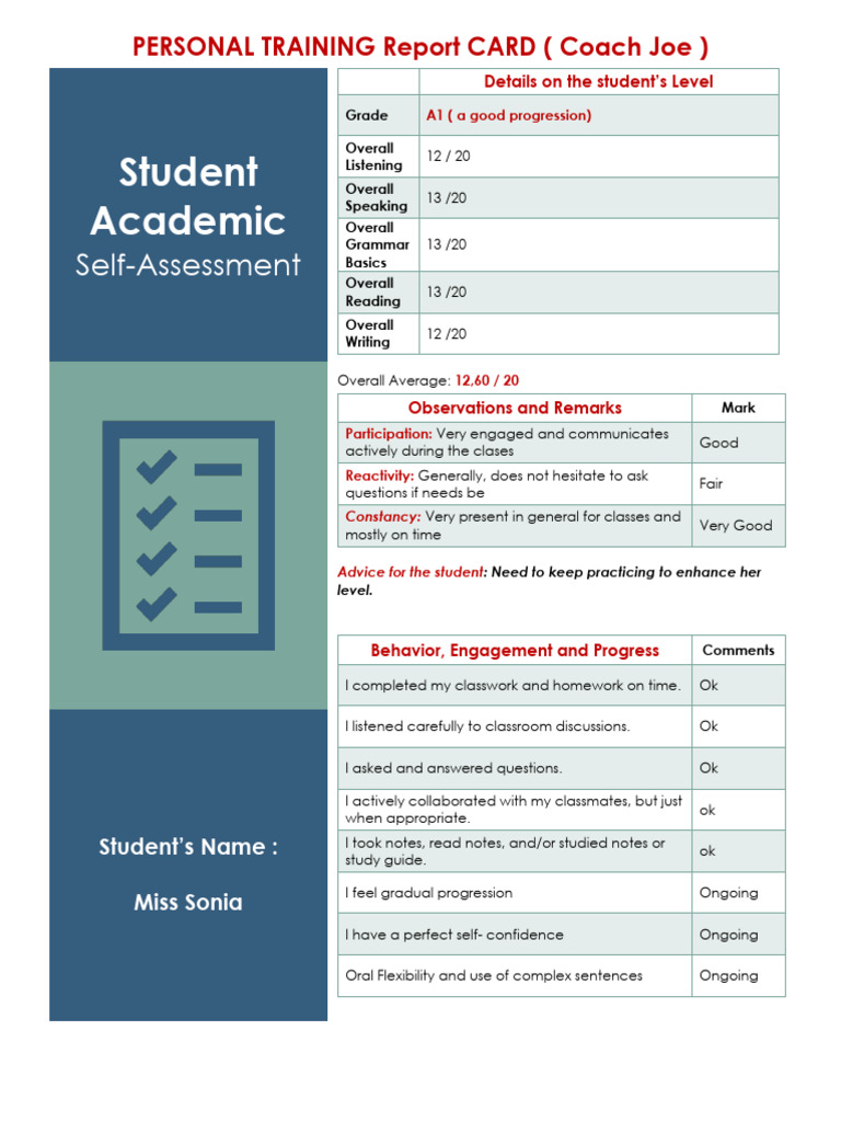 Student Assessment Report (Miss Sonia) | PDF | Learning | Human ...