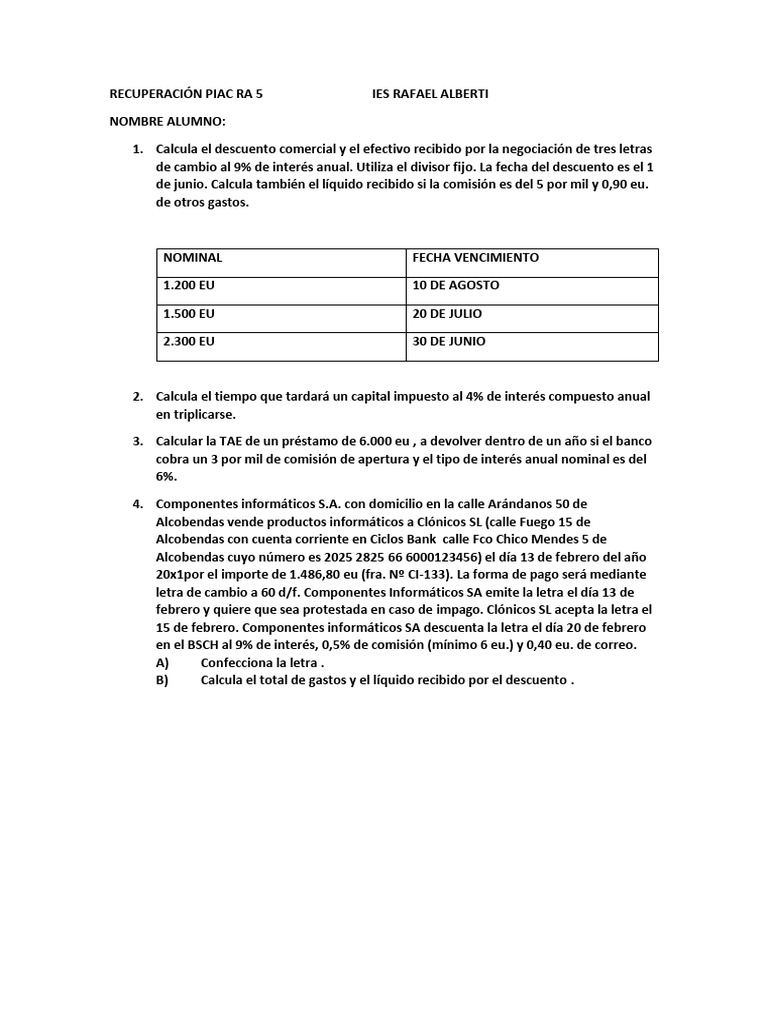 Actividades Recuperación Piac Ra 5 | PDF