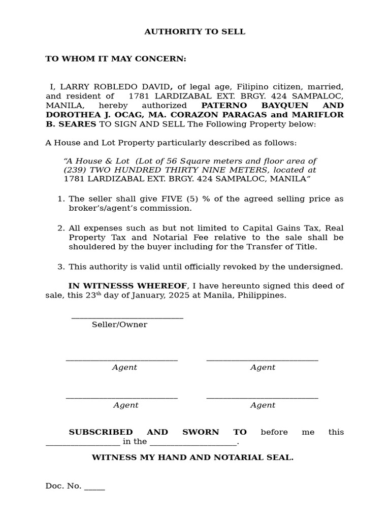 Authority To Sell Property Sample PDF Free | PDF