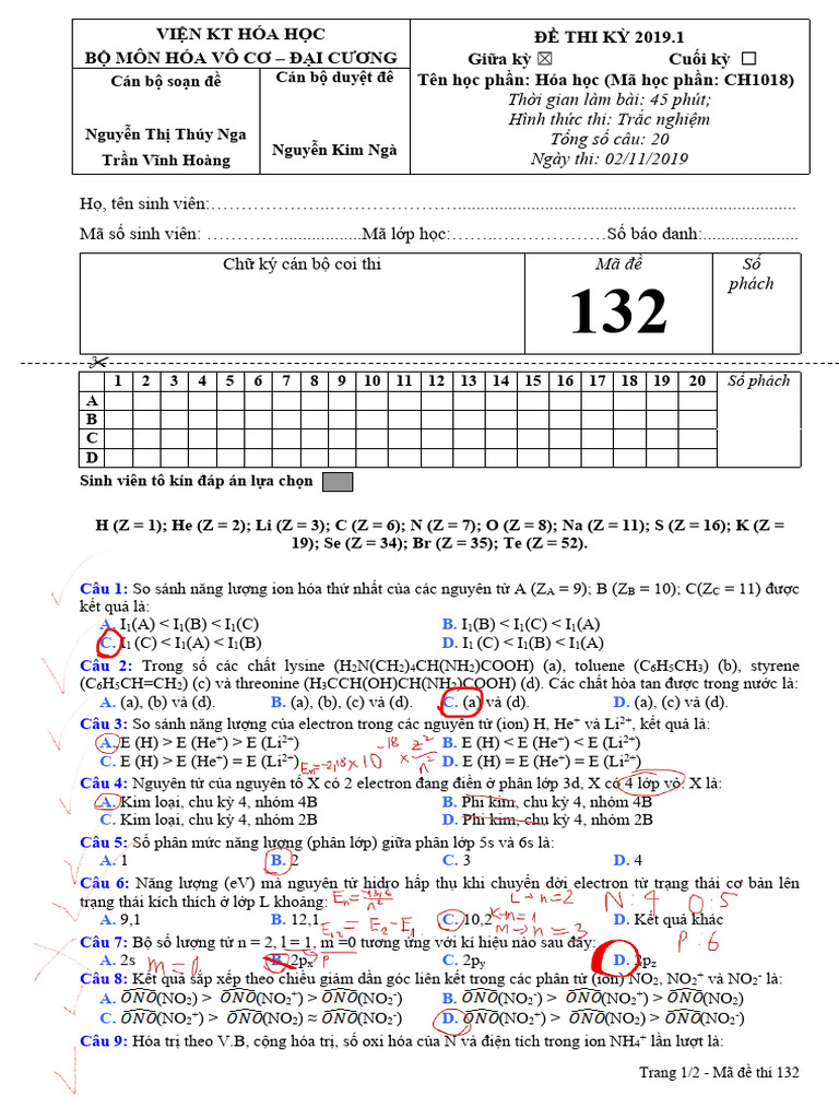 Đề GK CH1018 2019.1 - 132 | PDF