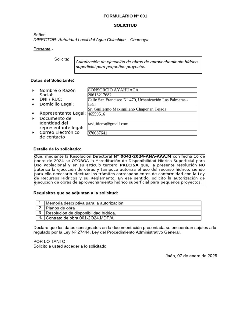 FORMULARIO N° 001 AUTORIZACIÓN DE USO DE AGUA AYAHUACA | PDF