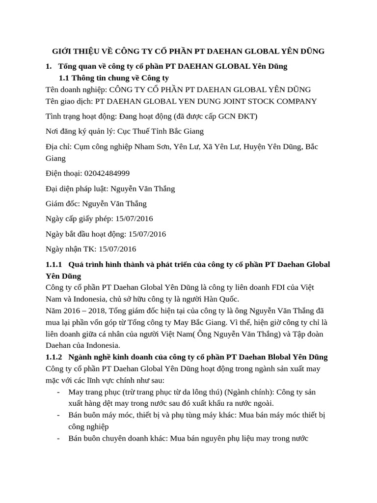 Giới Thiệu Về Công Ty Cổ Phần Pt Daehan Global Yên Dũng | PDF
