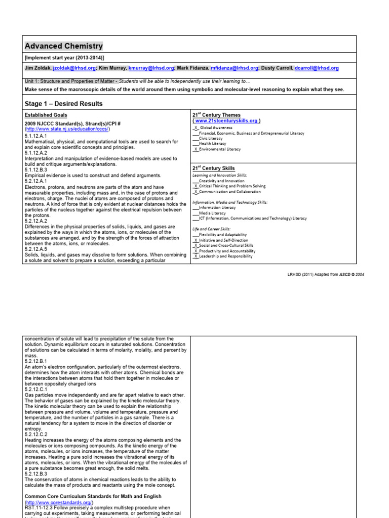 Advanced Chemistry Curriculum Overview | PDF | Molecules | Chemistry