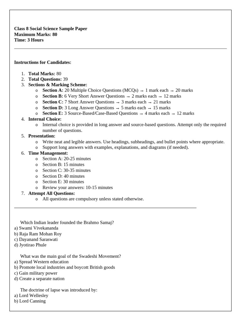 Class 8 Social Science Sample Paper | PDF