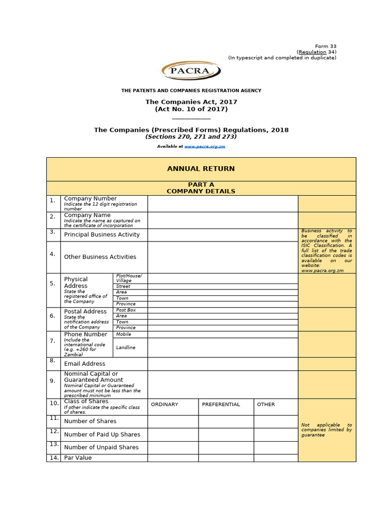 Zambia Annual Return Form 33 Guide | PDF