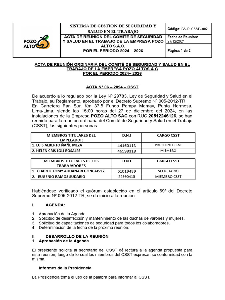 Acta Reunion Ordinaria CSST. - Dic 2024 | PDF | Gobierno