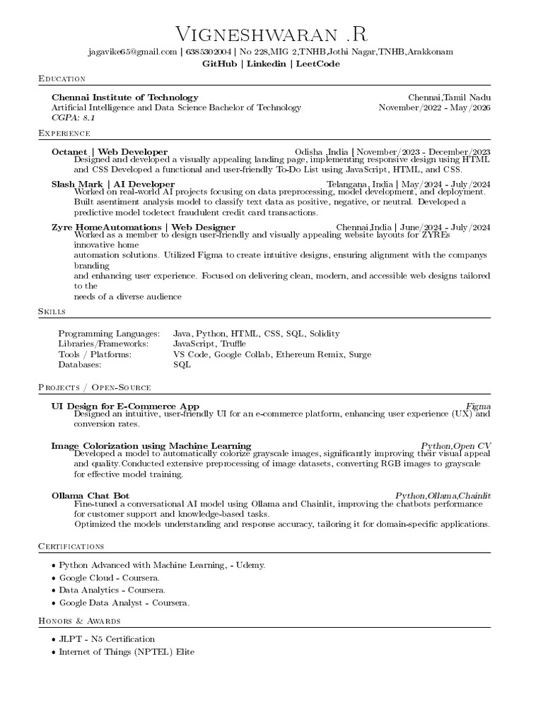 Vigneshwaran's Resume-hackerresume | PDF | Web Design | Artificial Intelligence