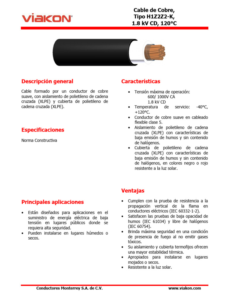 Cable de Cobre Fotovoltaico Viakon Norma IEC 62930 1.8kV CD Tipo H1Z2Z2 K XLPE XLPE 120°C | PDF ...